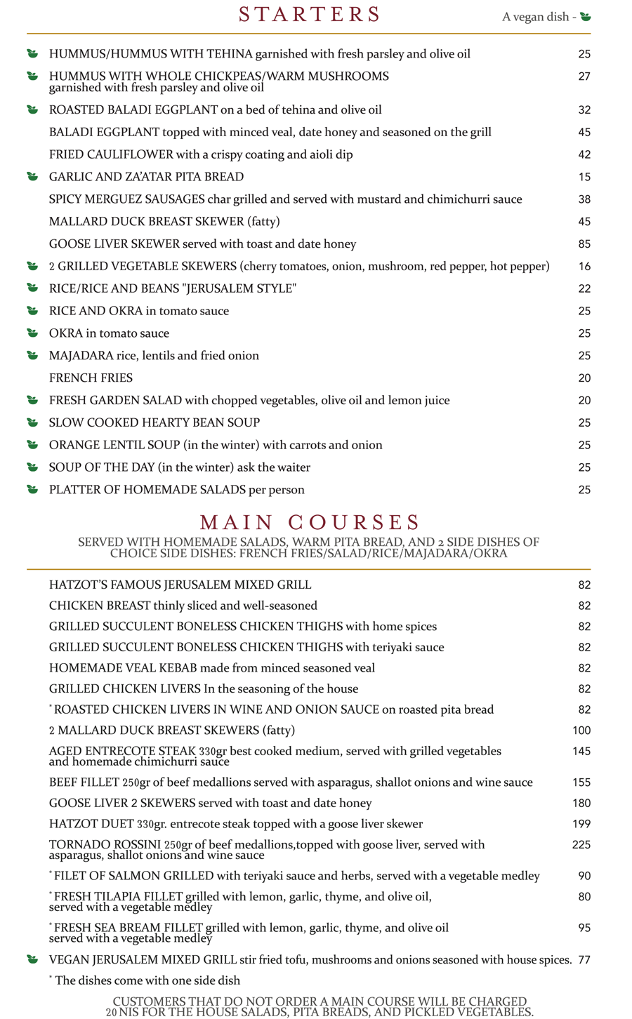 Hatzot - Meat restaurant in Jerusalem | Menu